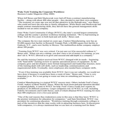 Plotnick writing sample - Wake Tech Training the Corporate Workforce | DOC
