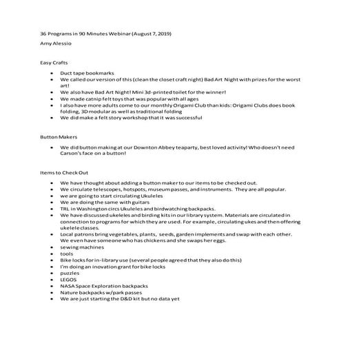 36 Adult Program Ideas in 90 Minutes: Chat Outline (August 2019) | DOCX