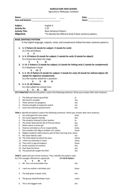 LESSON PLAN Basic sentence pattern | DOCX