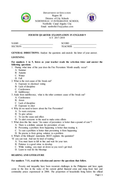 Grade 9 english TEST | DOCX