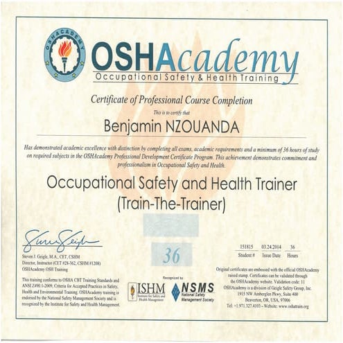 OCCUPATIONAL SAFETY & HEALTH TRAINER (TRAIN THE TRAINER) | PDF