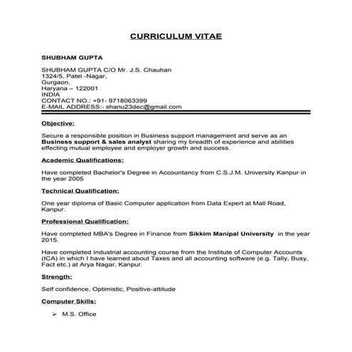 SHUBHAM GUPTA RESUME | DOC | Business Accounting & Finance | Business