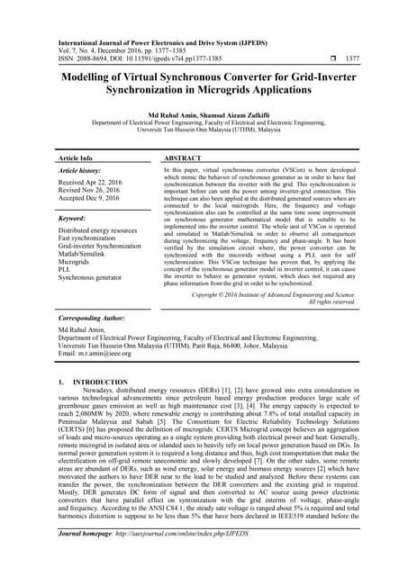 Modelling Of Virtual Synchronous Converter For Grid Inverter Synchronization In Microgrids