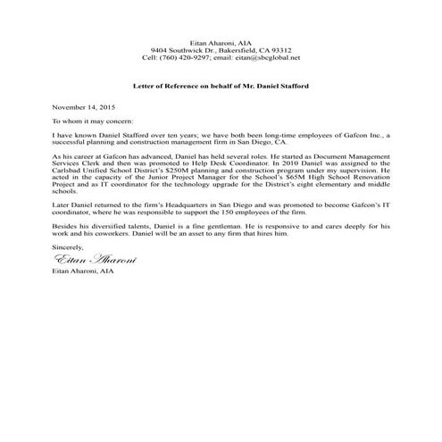 Daniel Stafford letter of recommendation | PDF