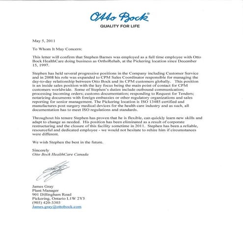 Reference Letter - James Gray Otto Bock Plant Manager | PDF