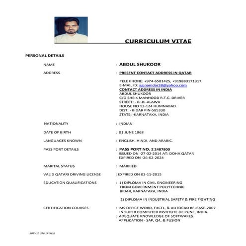 CIVIL SUPERVISOR-CV-abdul shukoor | PDF