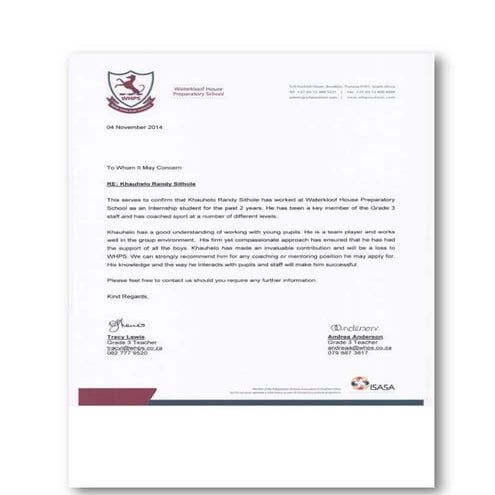 Reference letter by Deputy Headmaster Rob Neilson | DOCX