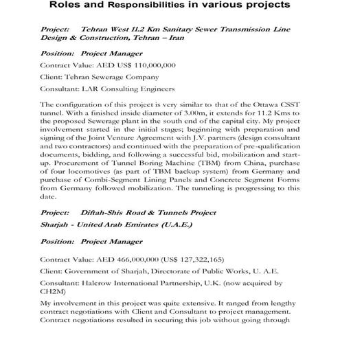 Roles and Responsibilities in various projects | DOCX