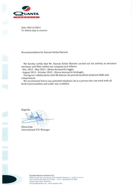 VHR Europe Reference Letter - Stefan Marinel - Copy | PDF