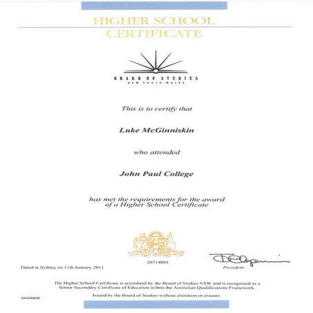 Higher School Certificate of Luke McGinniskin | PDF