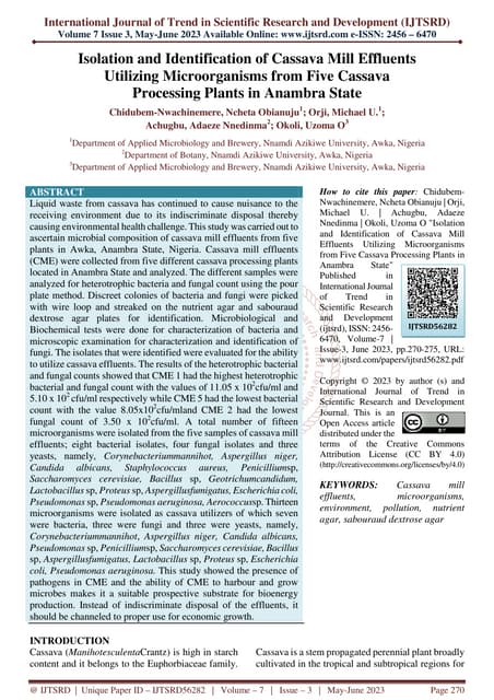 Isolation And Identification Of Cassava Mill Effluents Utilizing Microorganisms From Five