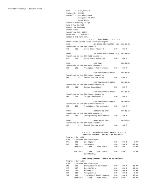 University of Utah Unofficial Transcript | PDF