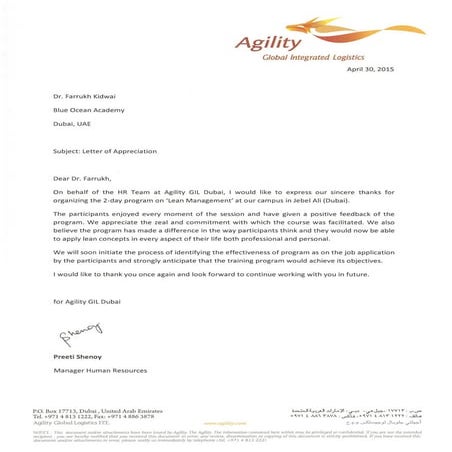 AGILITY Letter of Appreciation -Lean Management | PDF