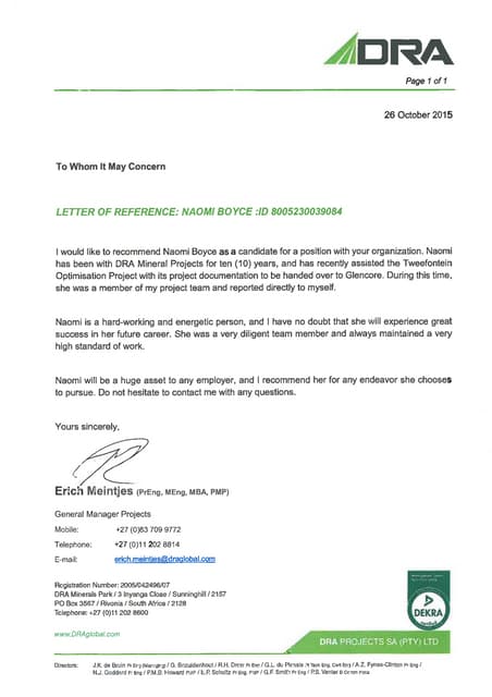 Letter of Reference - Naomi Boyce - Khumani Projects | PDF