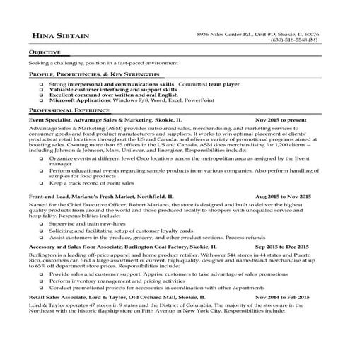 Hina-Resume-final3 (2) | DOC | Sales | Business