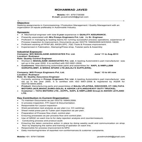 CV JAVED | DOC | Manufacturing Industry | Industries