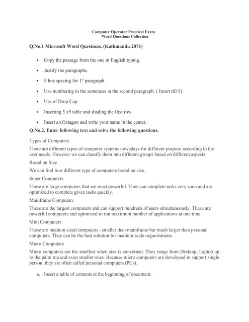 Word practical questions for exercises | PDF