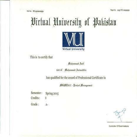Asif Azeem- 2015 VU Certificate Course of Project Management | PDF