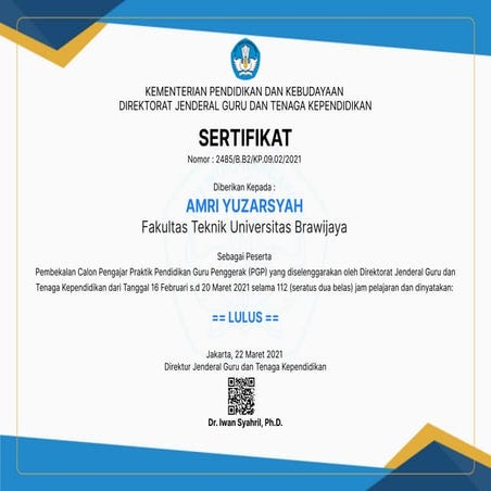 contoh sertifikat pengajar praktik program guru penggerak | PDF