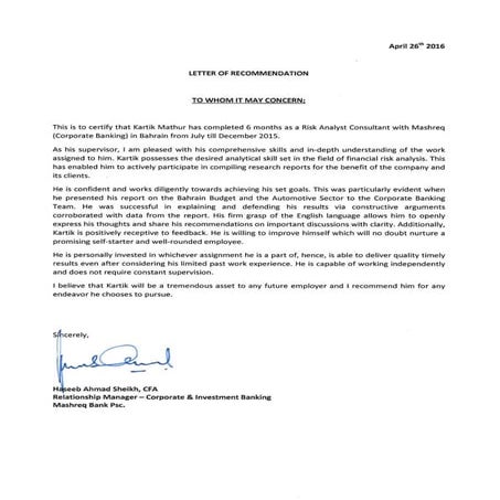 Letter of Recommendation Mashreq Signed | PDF