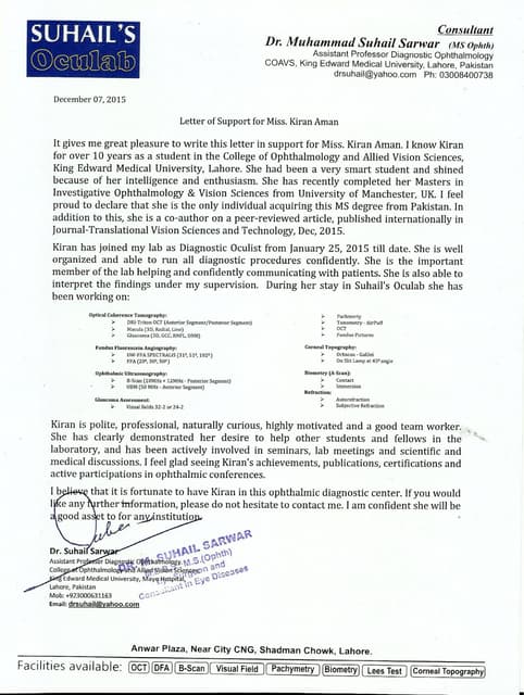 Reference letter-Dr Suhail Sarwar-Suhail's Oculab | PDF