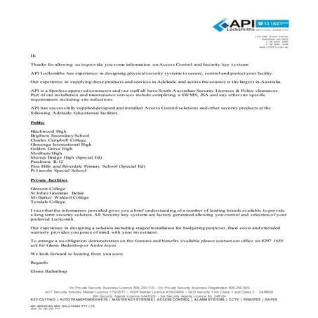 API Locksmiths Access Control Installations | DOCX