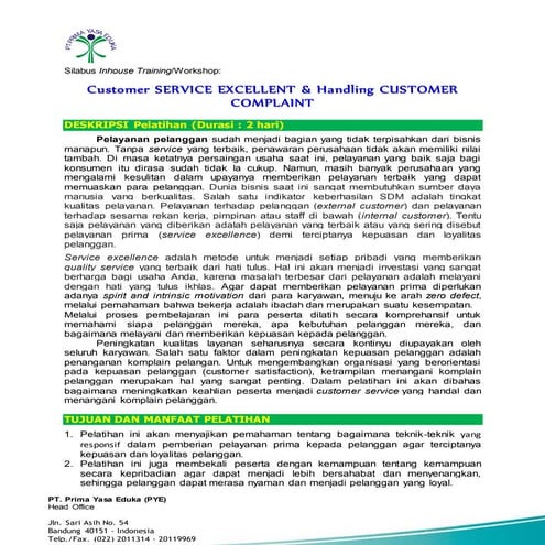 Silabus Training "Customer SEVICE EXCELLENT & Handling CUSTOMER ...