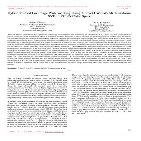 Hybrid Method For Image Watermarking Using 2 Level LWT-Walsh Transform-SVD in YCbCr Color Space ...