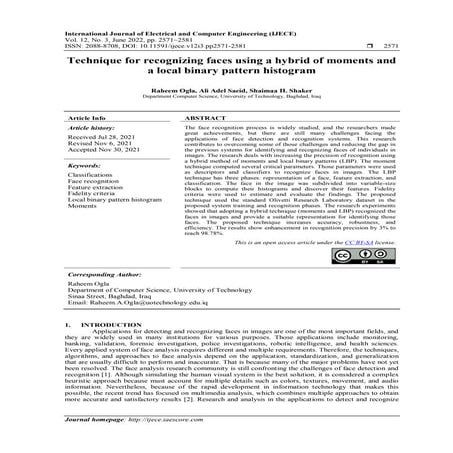 Technique For Recognizing Faces Using A Hybrid Of Moments And A Local Binary Pattern Histogram Pdf