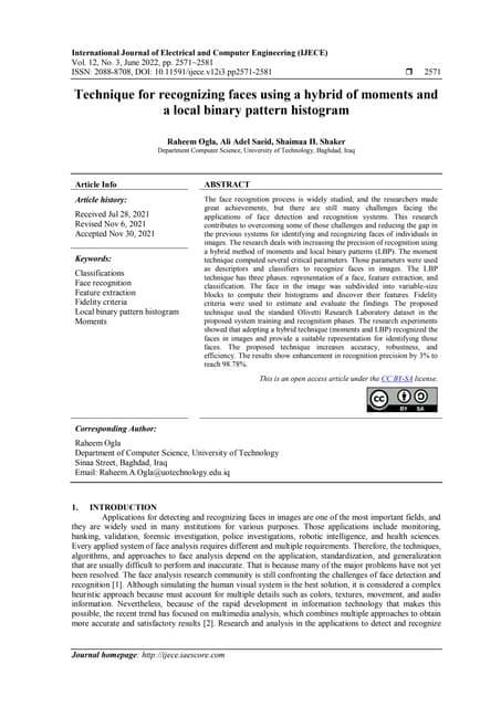 Technique For Recognizing Faces Using A Hybrid Of Moments And A Local Binary Pattern Histogram Pdf