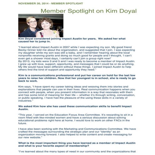 Impact Austin Member Spotlight on Kim Doyal | PDF