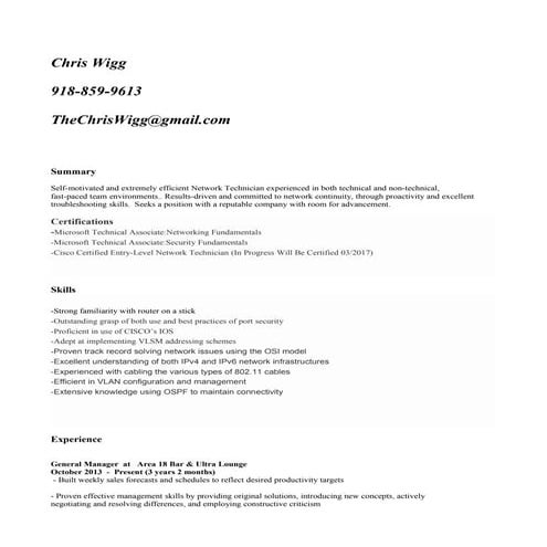 Chris Wigg Networking Resume | DOC | Computer Networking | Computing