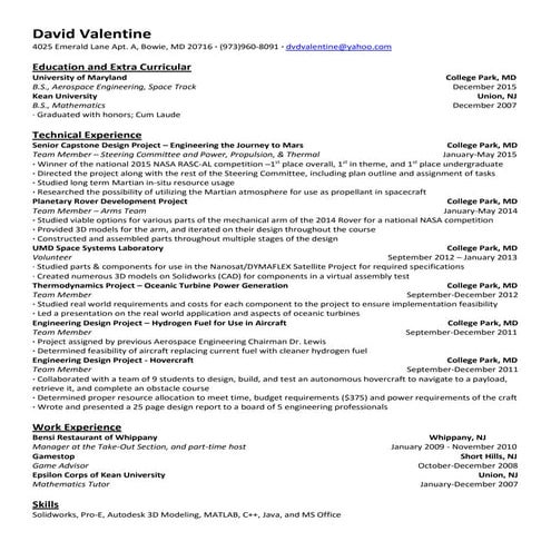 David Valentine Resume Spring 2016 | PDF
