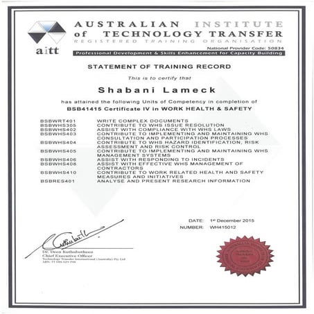 Cert IV WHS transcript - Shabani | PDF