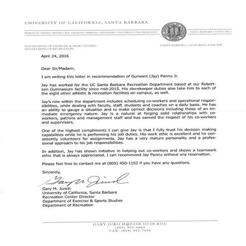 Reference Letter - Gary Jurich, UCSB Recreation Center Director | PDF