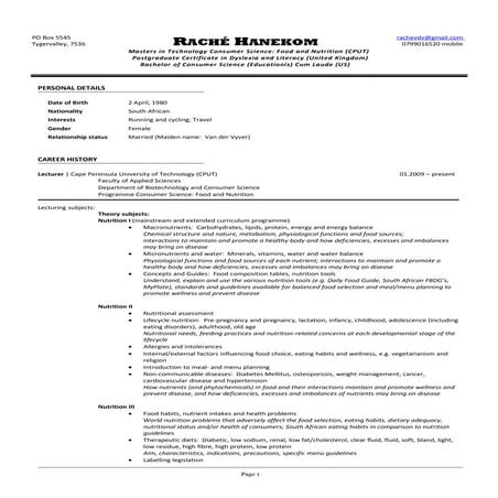 CV Rache Hanekom | DOC