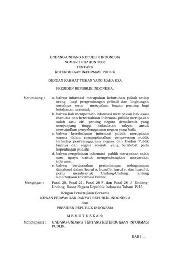UU Nomor 14 Tahun 2008 Tentang Keterbukaan Informasi Publik | PDF
