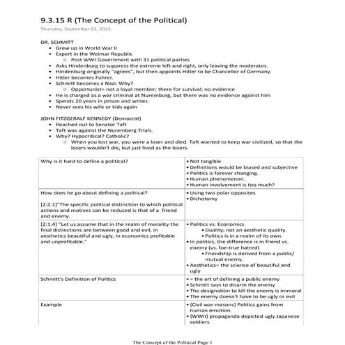 Intro to Politics- Notes 9.3.15 (The Concept of the Political) | PDF