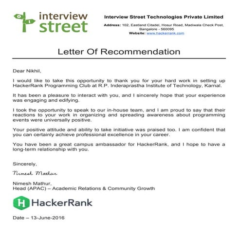 LOR_Nikhil_RPIIT | PDF