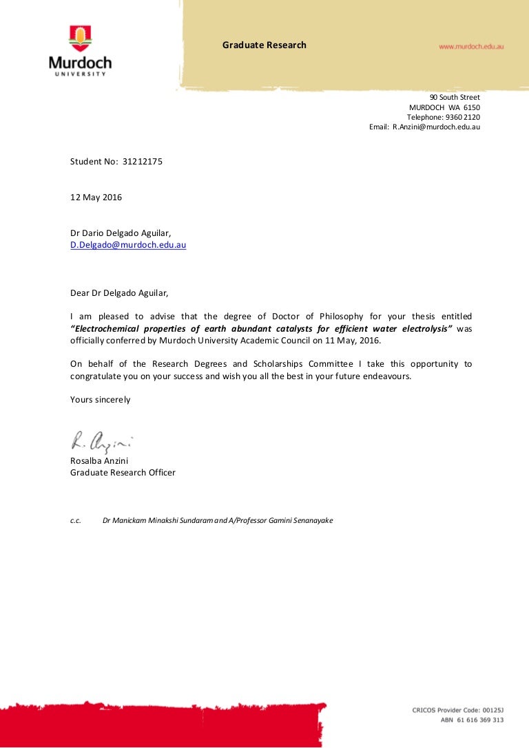 PhD Conferral letter