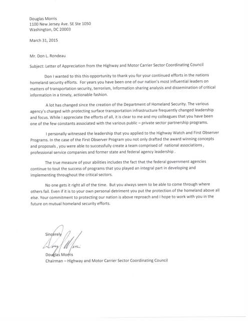 Don L. Rondeau - Federal Air Marshall Letter of Appreciation | PDF