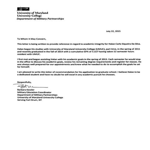 Letter of Recommendation -UMUC | PDF
