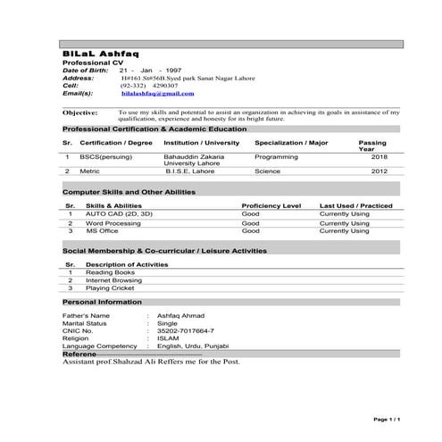 Bilal's Cv | DOC | Education