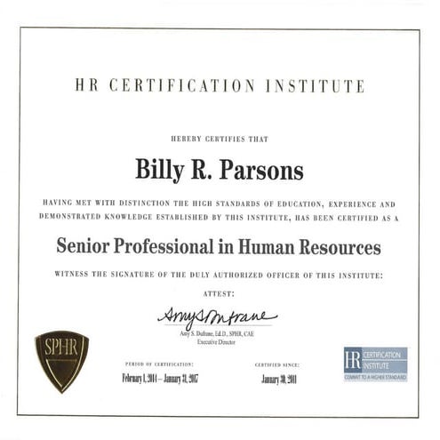 Billy R Parsons - SPHR Certificate | PPT