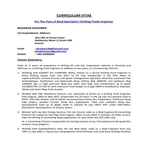 CV for the post of Mud Specialist I Drilling Fluids Engineer | DOCX