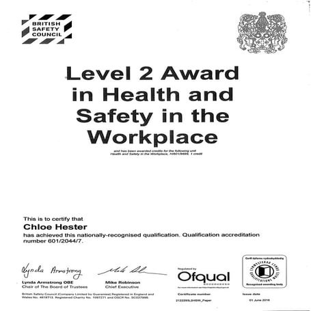 Chloe Hester Certificate - Level 2 award | PDF