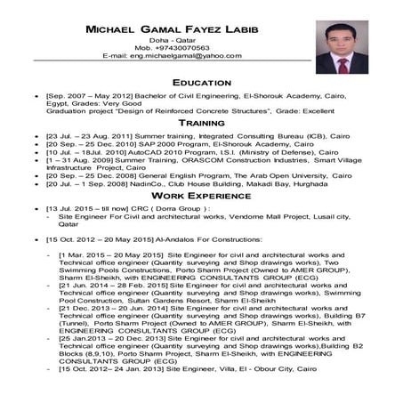 Michael Gamal Fayez - C.V - 1 AUG 2015- | DOCX | Civil Engineering ...