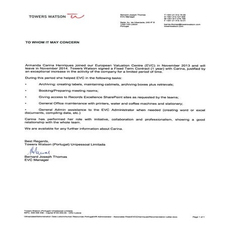 Towers Watson Recommendation letter | PDF