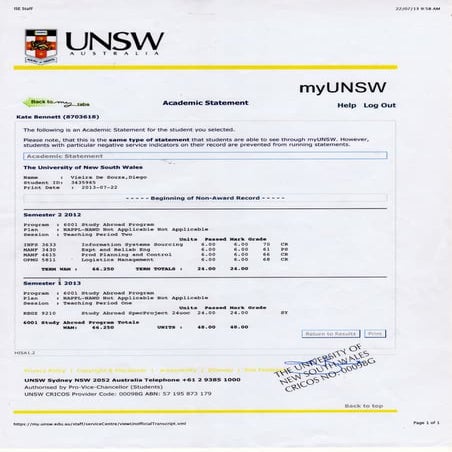 UNSW Academic Transcript
