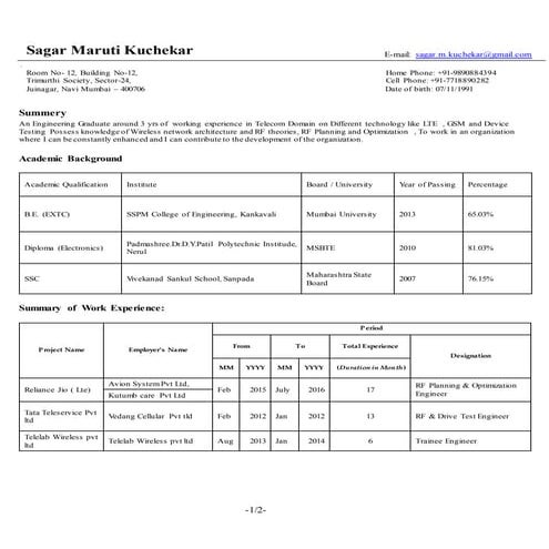 Sagar Kuchekar_LTE_RF_Optimization Engineer | DOCX